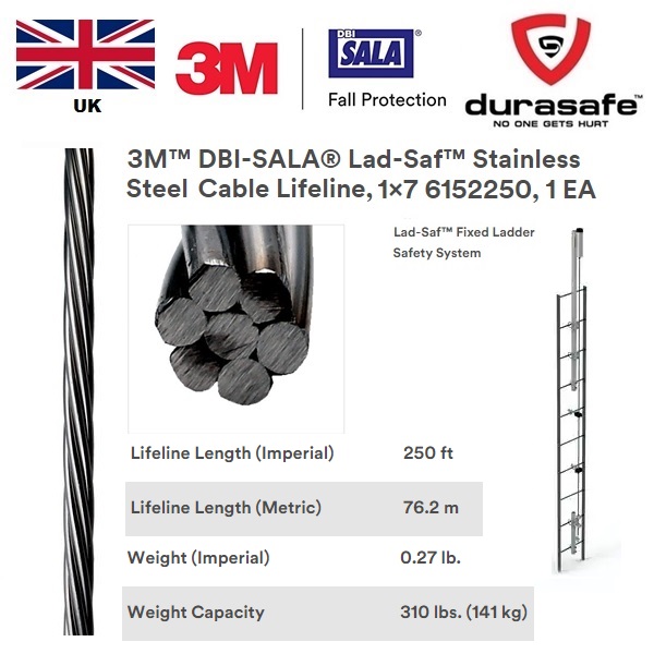 3M™ DBI-SALA® Lad-Saf™ Stainless Steel Cable Lifeline, 1x7 6152250 ...